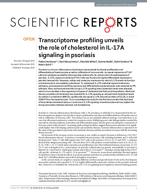 Pdf Transcriptome Profiling Unveils The Role Of Cholesterol In Il 17a