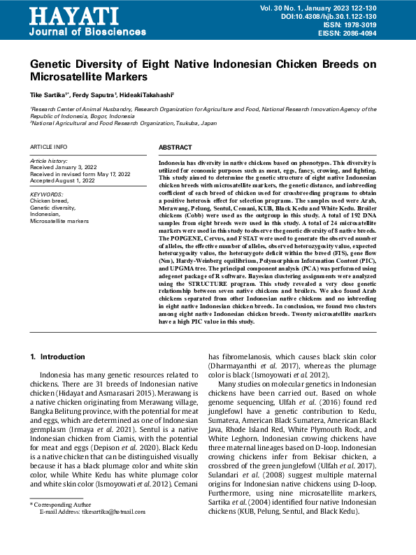 (PDF) Genetic Diversity of Eight Native Indonesian Chicken Breeds on Microsatellite Markers