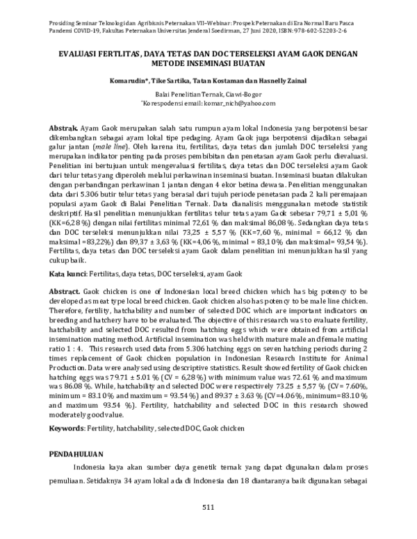 (PDF) Evaluasi Fertlitas, Daya Tetas Dan Doc Terseleksi Ayam Gaok ...