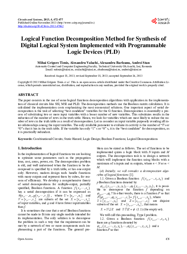 (PDF) Logical Function Decomposition Method for Synthesis of Digital Logical System Implemented ...