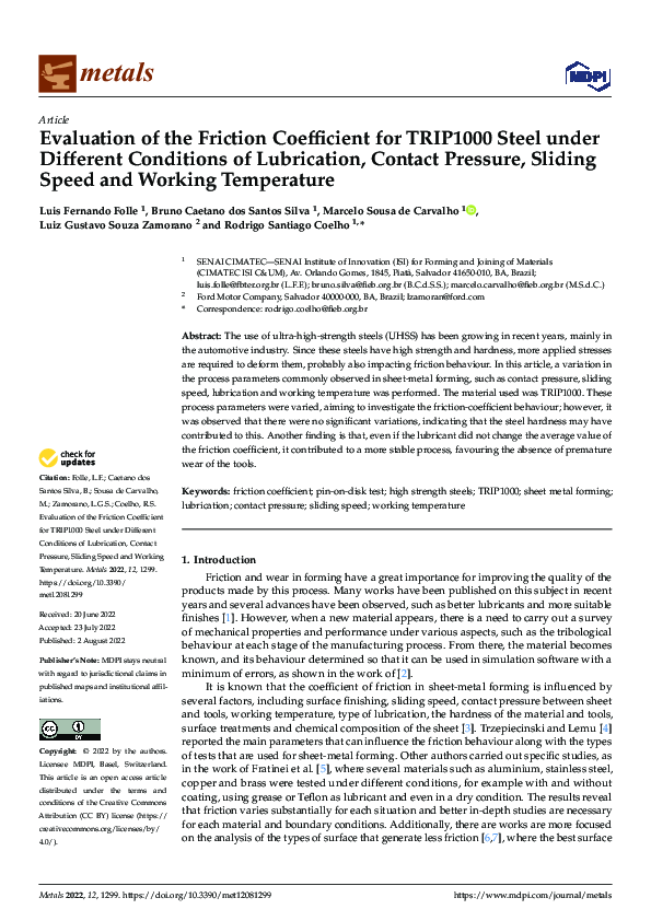 Pdf Evaluation Of The Friction Coefficient For Trip1000 Steel Under