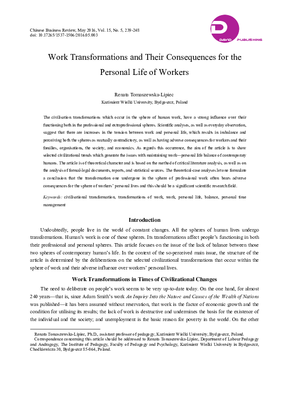 (PDF) Work Transformations and Their Consequences for the Personal Life of Workers
