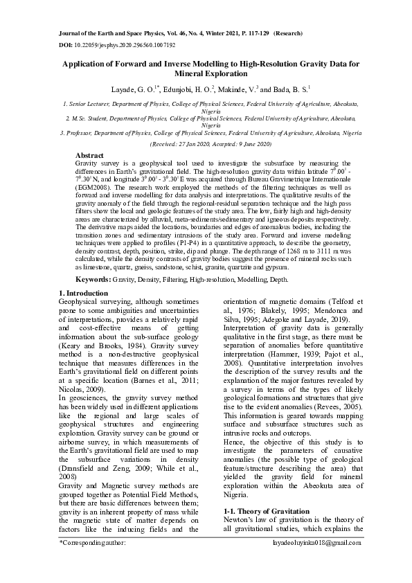 (PDF) Application of Forward and Inverse Modelling to High-Resolution Gravity Data for Mineral ...