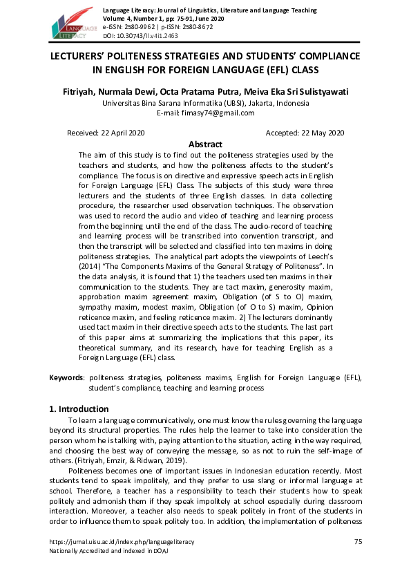(PDF) Lecturers’ Politeness Strategies and Students’ Compliance in ...