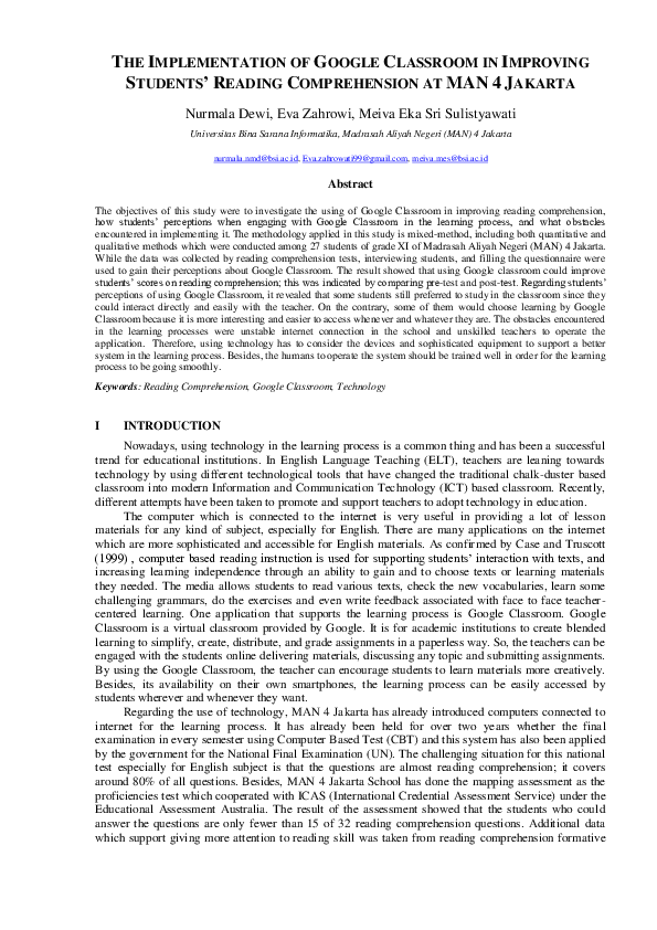 (PDF) The Implementation of Google Classroom in Improving Students’ Reading Comprehension at Man ...