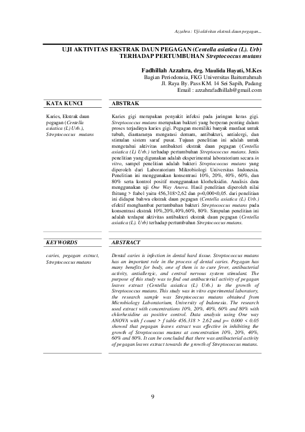 (PDF) UJI AKTIVITAS EKSTRAK DAUN PEGAGAN (Centella asiatica (L). Urb) TERHADAP PERTUMBUHAN ...