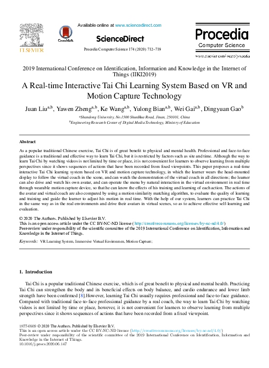(PDF) A Real-time Interactive Tai Chi Learning System Based on VR and Motion Capture Technology