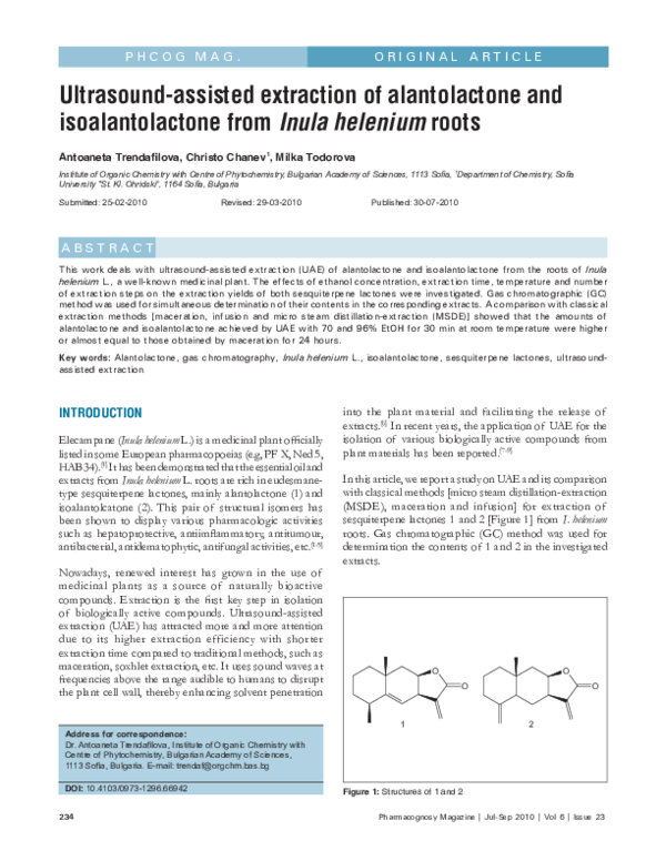 (PDF) Ultrasound-assisted extraction of alantolactone and isoalantolactone from Inula helenium roots