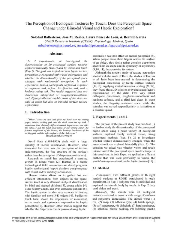 (PDF) The Perception of Ecological Textures by Touch: Does the Perceptual Space Change under ...