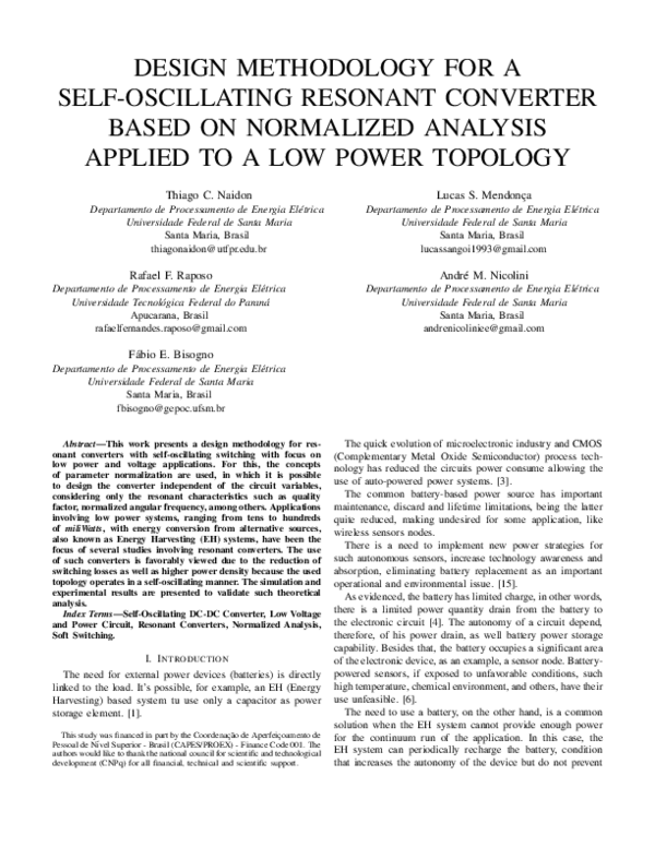 Pdf Design Methodology For A Self Oscillating Resonant Converter Based On Normalized Analysis