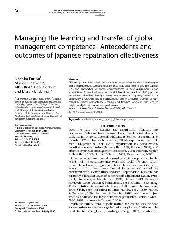 (PDF) Managing the learning and transfer of global management competence: Antecedents and ...