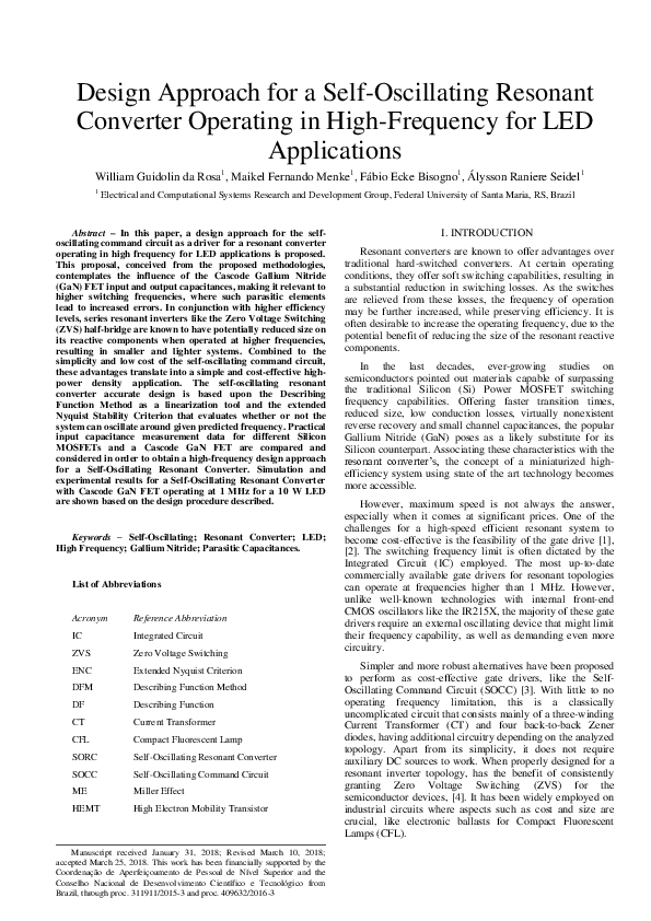 (PDF) Design Approach for a Self-Oscillating Resonant Converter Operating in High Frequency for ...