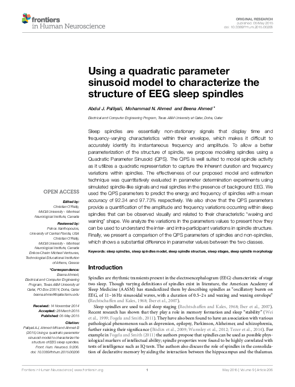 Pdf Using A Quadratic Parameter Sinusoid Model To Characterize The Structure Of Eeg Sleep Spindles