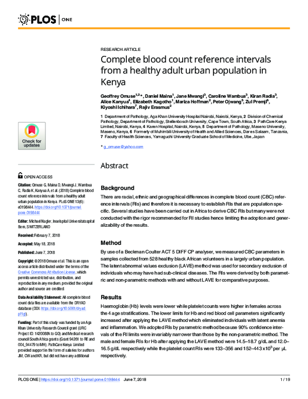 (PDF) Complete blood count reference intervals from a healthy adult urban population in Kenya ...