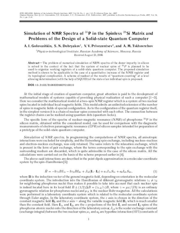 (PDF) Simulation of NMR spectra of 31P in the spinless 28Si matrix and ...