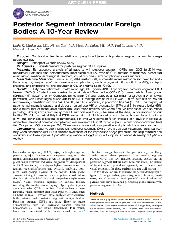 (PDF) Posterior Segment Intraocular Foreign Bodies