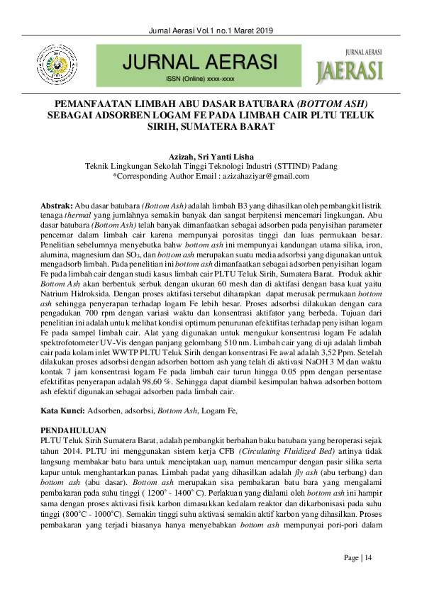 (PDF) Pemanfaatan Limbah Abu Dasar Batubara (Bottom Ash) Sebagai Adsorben Logam Fe Pada Limbah ...