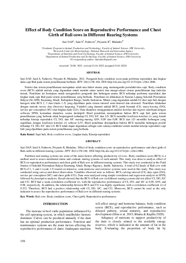 (PDF) Effect of Body Condition Score on Reproductive Performance and Chest Girth of Bali cows in ...