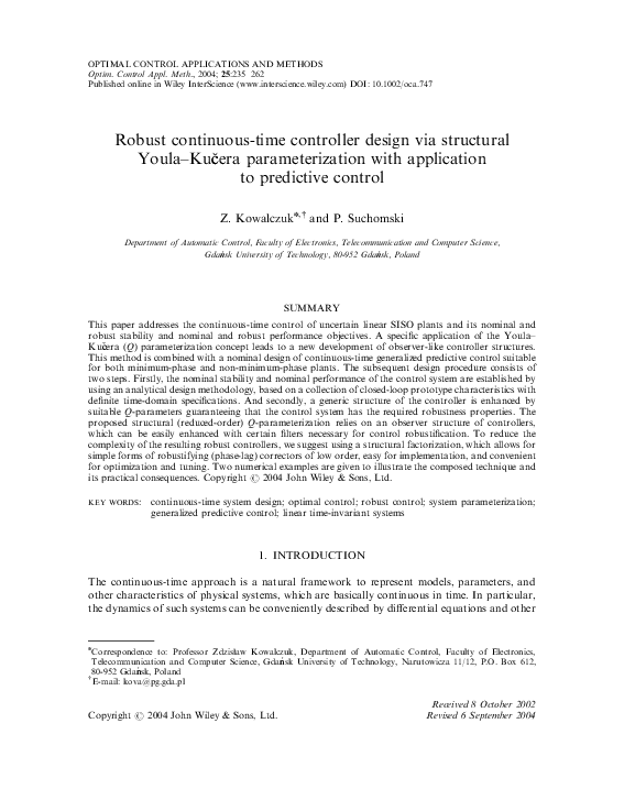 (PDF) Robust continuous-time controller design via structural Youla-Ku?era parameterization with ...