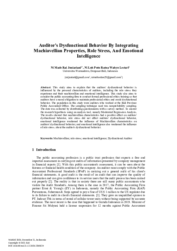 (PDF) Auditor's Dysfunctional Behavior By Integrating Machiavellian ...