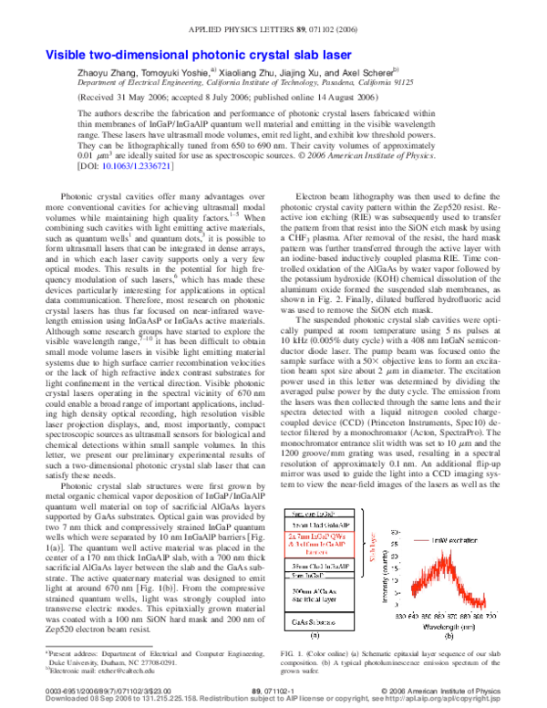 (PDF) Visible two-dimensional photonic crystal slab laser