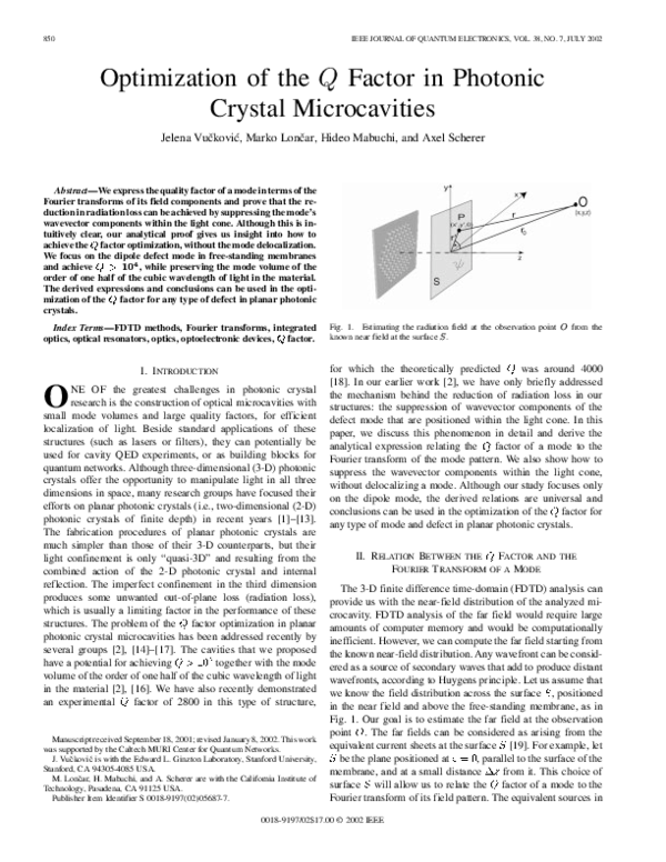 (PDF) Optimization of the Q factor in photonic crystal microcavities