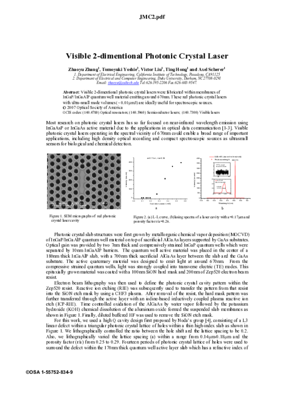 (PDF) Visible 2-dimentional photonic crystal laser