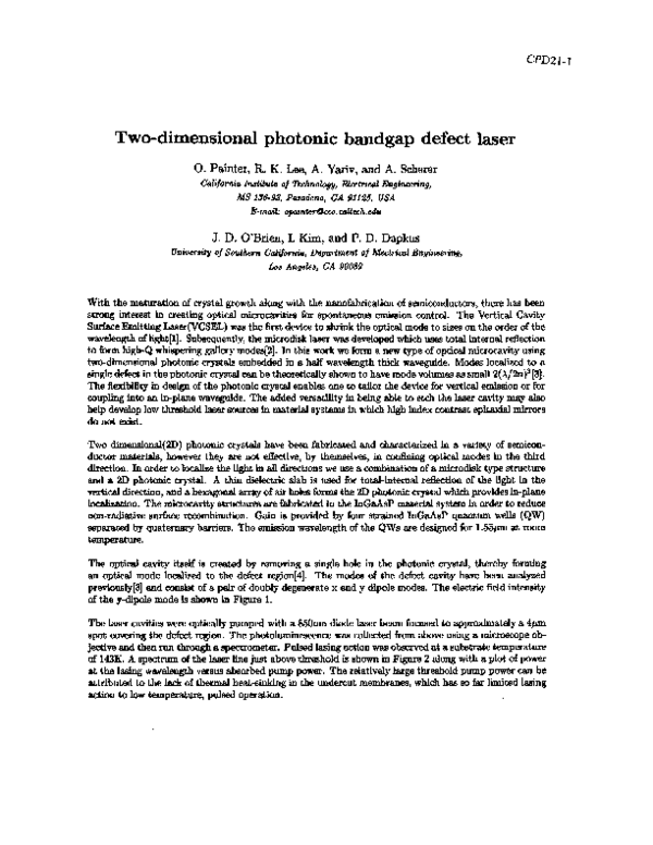 (PDF) Two-dimensional photonic bandgap defect laser