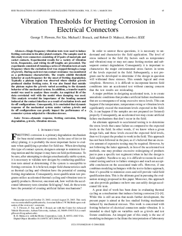 (PDF) Vibration Thresholds for Fretting Corrosion in Electrical Connectors