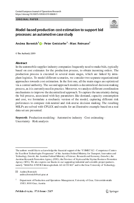 (PDF) Model-based production cost estimation to support bid processes: an automotive case study