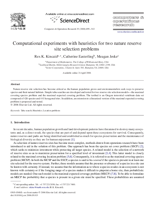 (PDF) Computational experiments with heuristics for two nature reserve ...