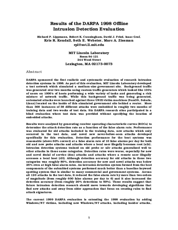 (PDF) Results of the DARPA 1998 offline intrusion detection evaluation