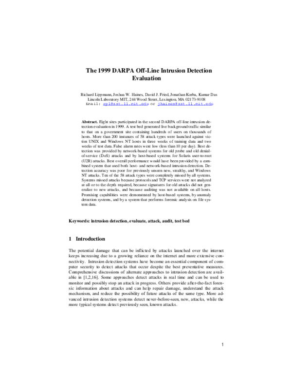 (PDF) The 1999 DARPA off-line intrusion detection evaluation