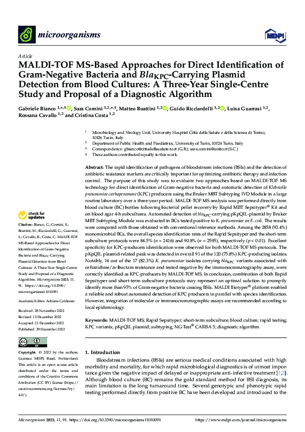 Pdf Maldi Tof Ms Based Approaches For Direct Identification Of Gram Negative Bacteria And