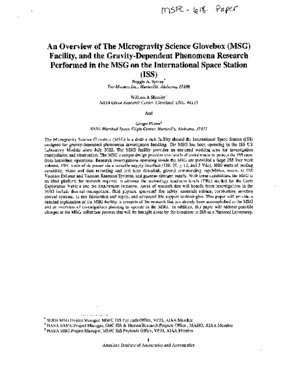 (PDF) An Overview of the Microgravity Science Glovebox (MSG) Facility ...