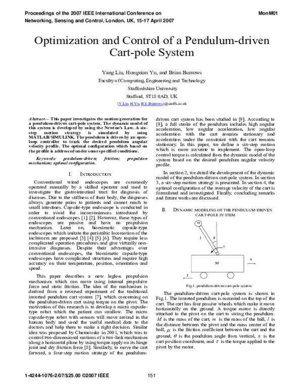 (PDF) Optimization and Control of a Pendulum-driven Cart-pole System