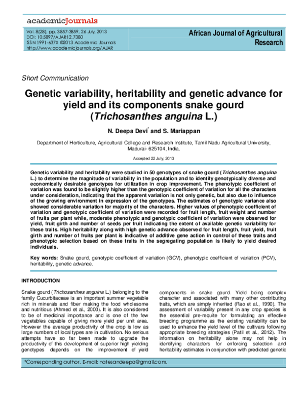 (PDF) Genetic variability, heritability and genetic advance of growth and yield components of ...