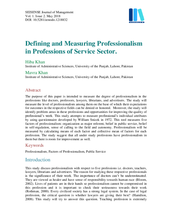 (PDF) Defining and Measuring Professionalism in Professions of Service Sector | Hiba Khan ...