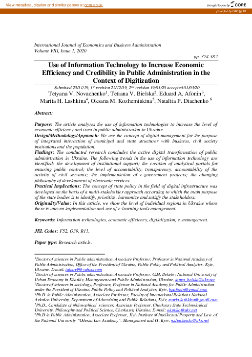 (PDF) Use of Information Technology to Increase Economic Efficiency and Credibility in Public ...