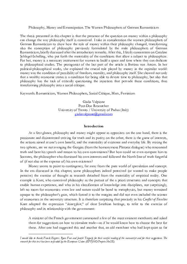 (PDF) Philosophy, Money and Emancipation. The Women Philosophers of ...