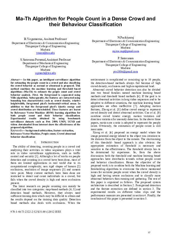 (PDF) Ma-Th algorithm for people count in a dense crowd and their behaviour classification