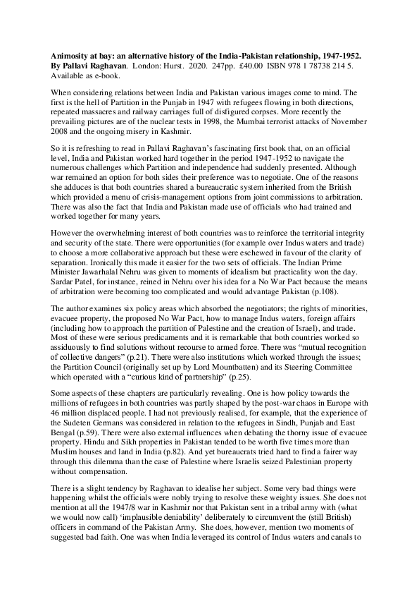 (PDF) Review of "Animosity at bay: an alternative history of the India ...
