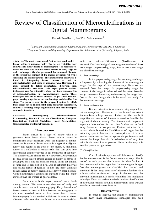 (PDF) Review of Classification of Microcalcifications in Digital Mammograms
