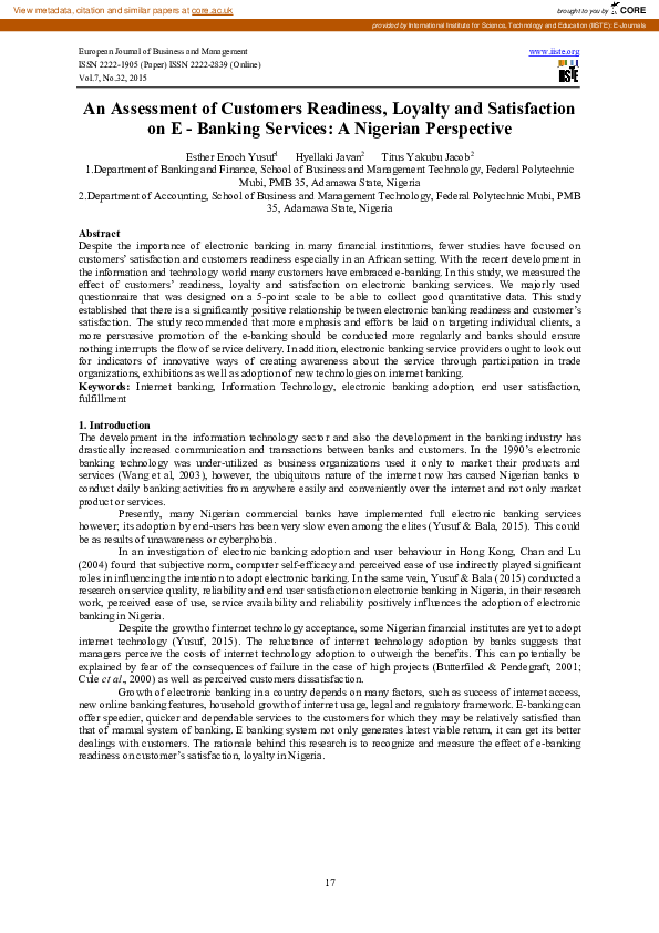 (PDF) An Assessment of Customers Readiness, Loyalty and Satisfaction on E - Banking Services: A ...