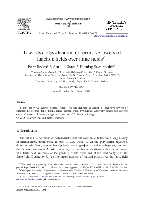 (PDF) Towards a classification of recursive towers of function fields over finite fields