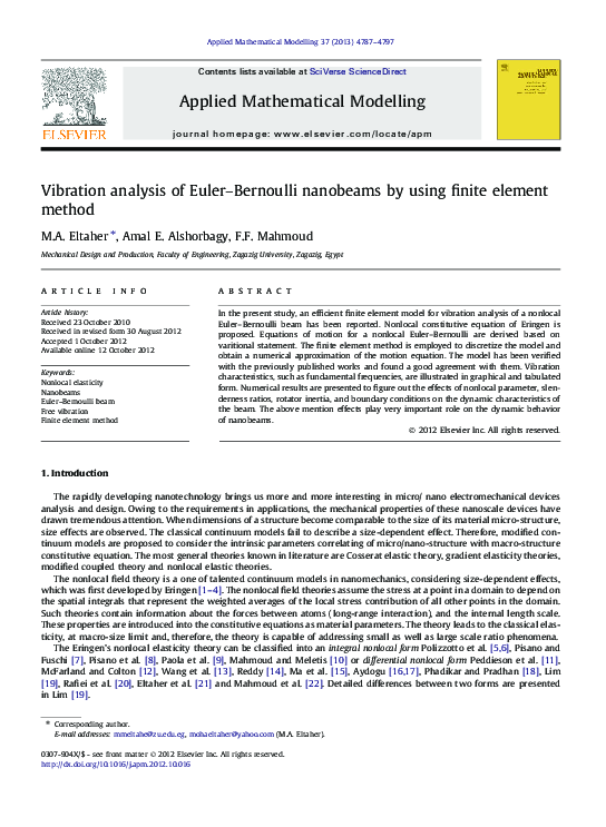 Pdf Vibration Analysis Of Euler Bernoulli Nanobeams By Using Finite