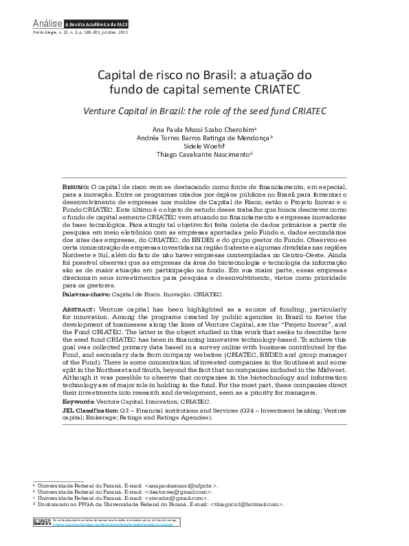 (PDF) Capital de risco no Brasil: a atuação do fundo de capital semente ...