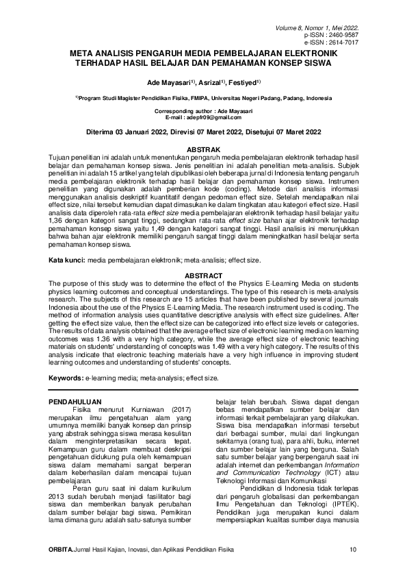 (PDF) Meta Analisis Pengaruh Media Pembelajaran Elektronik Terhadap Hasil Belajar Dan Pemahaman ...