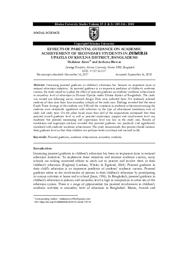 (PDF) Effects of Parental Guidance on Academic Achievement of Secondary ...