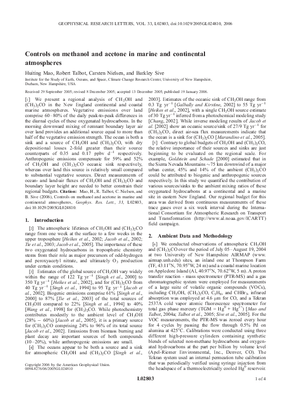 (PDF) Controls on methanol and acetone in marine and continental ...